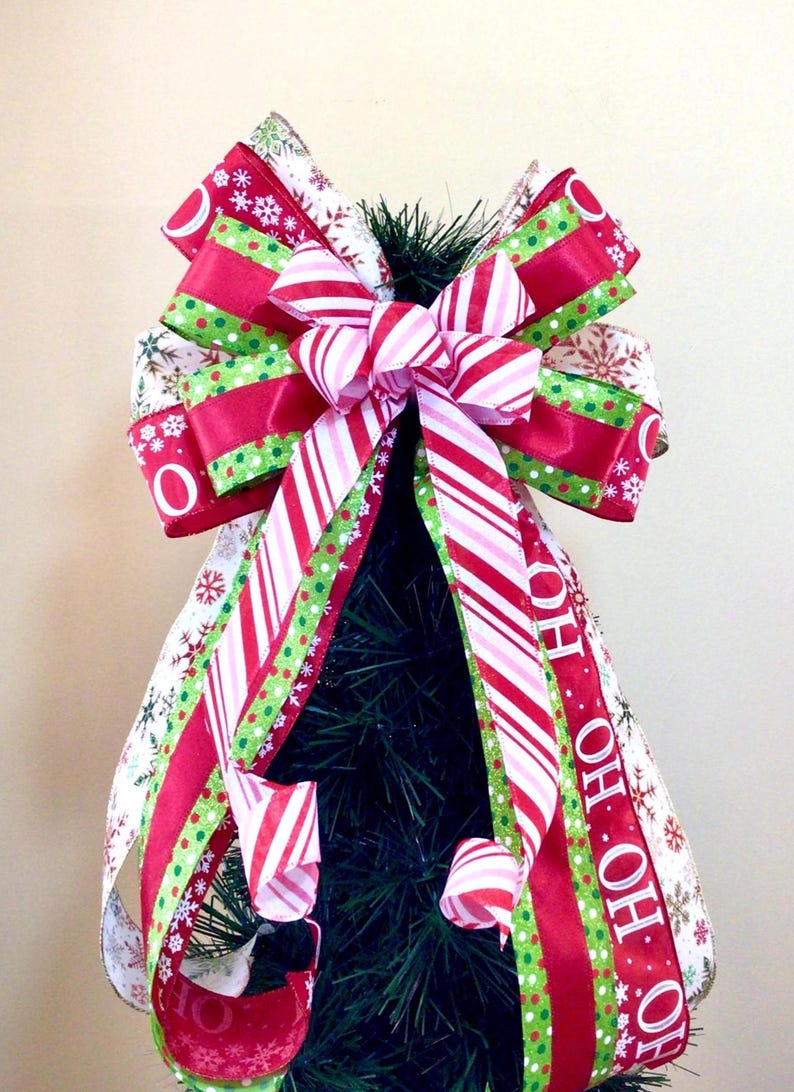 Red and Lime Green Christmas Tree Topper Bow: Candy Cane & Snowflake ...