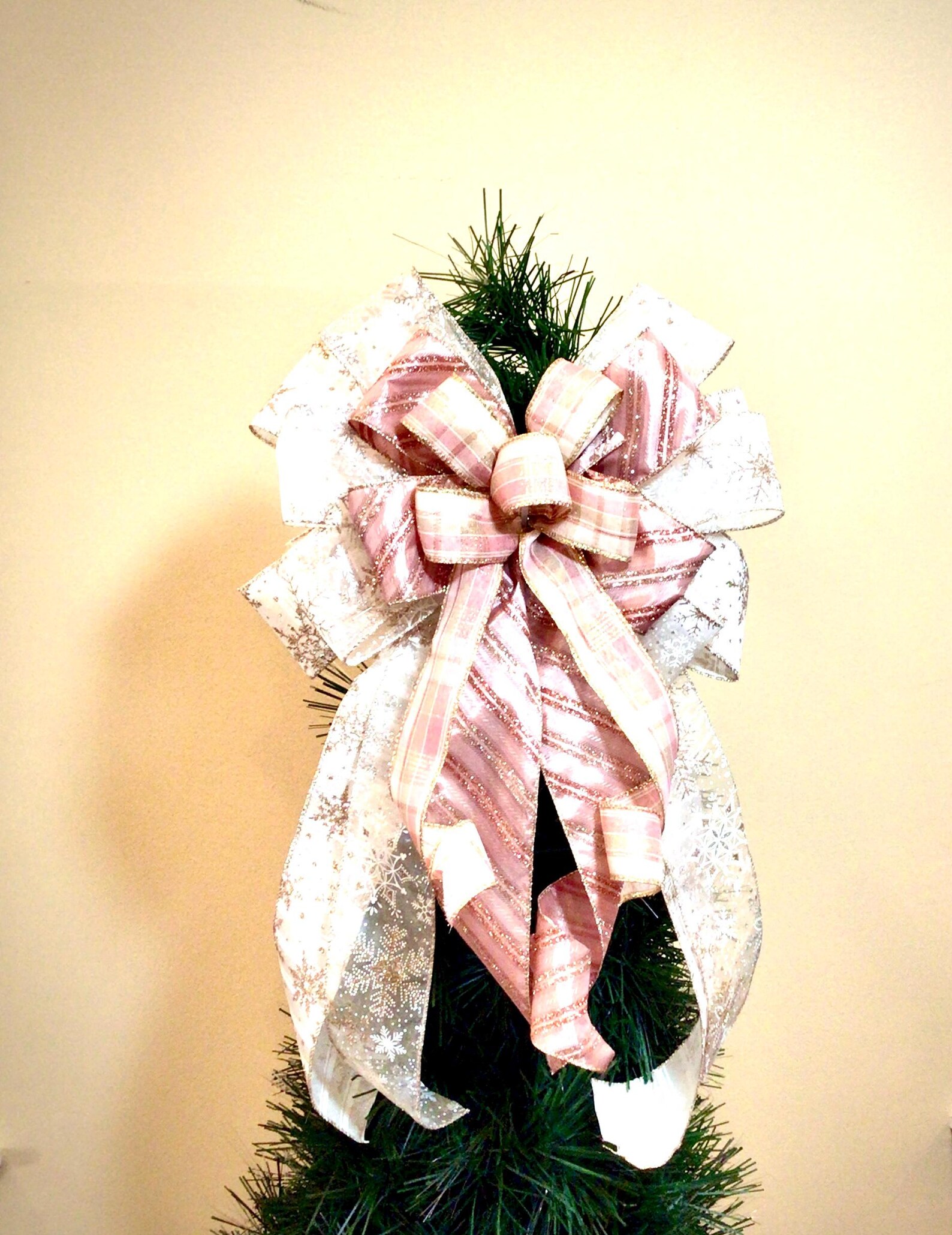 Rose Pink Christmas Tree Topper Bow, Pink Christmas Tree Bow, Rose Gold ...