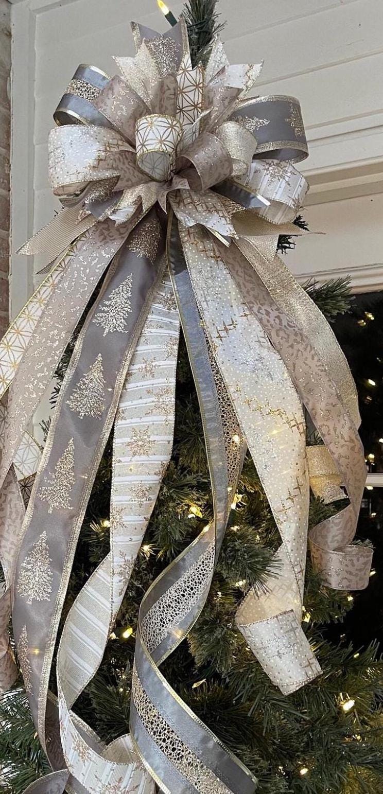 Christmas Tree Topper Bow, Christmas Tree Bow With Burlap Snowflake ...