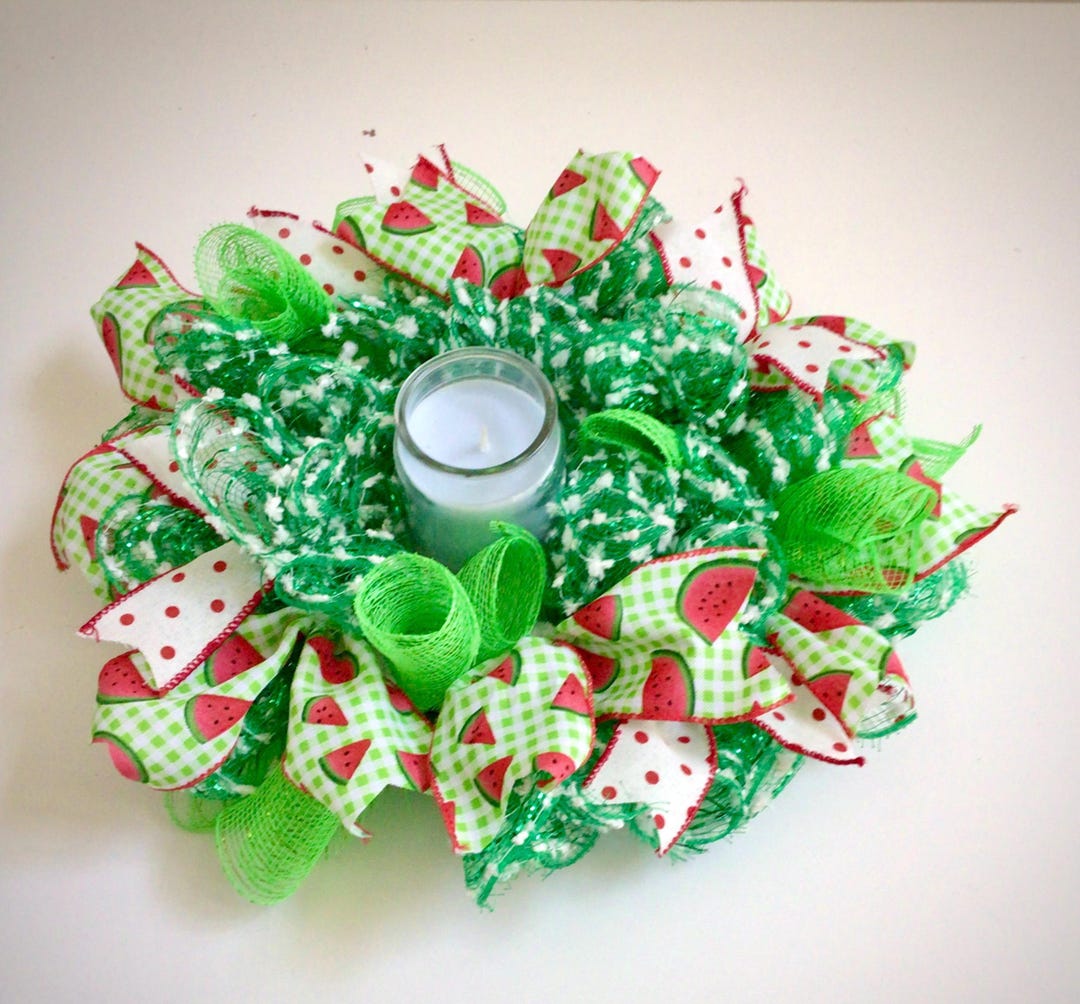 14" Summer Fruit Watermelon Deco Mesh Centerpiece / Candle Holder ...
