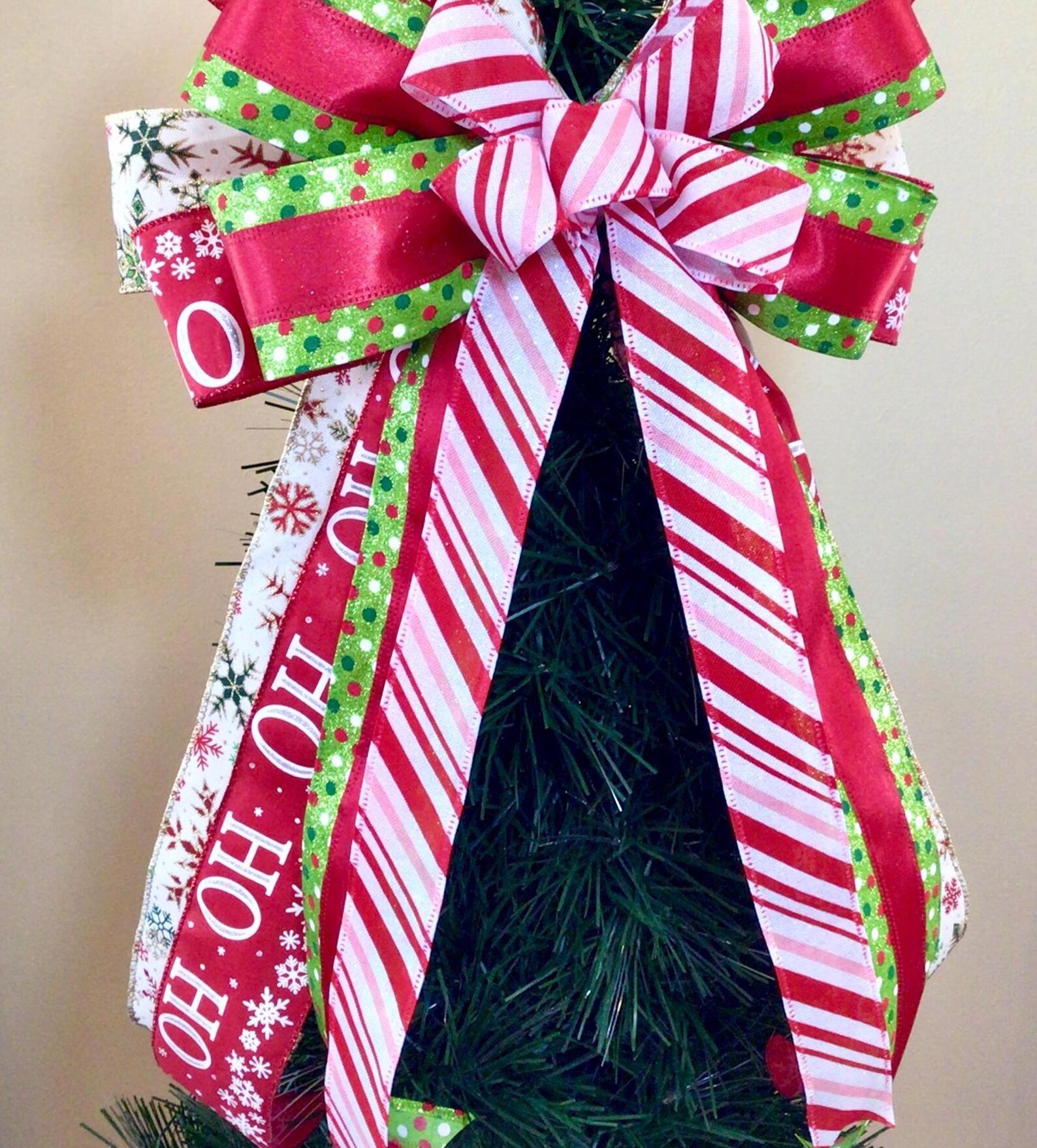 Red and Lime Green Christmas Tree Topper Bow: Candy Cane & Snowflake ...