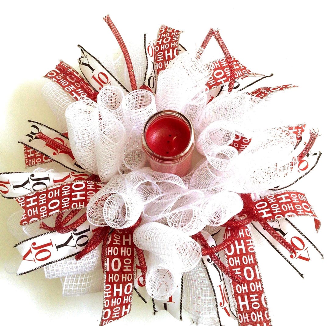 JOY Christmas Centerpiece Candle Holder – Red White Deco Mesh, 18x18x5 ...