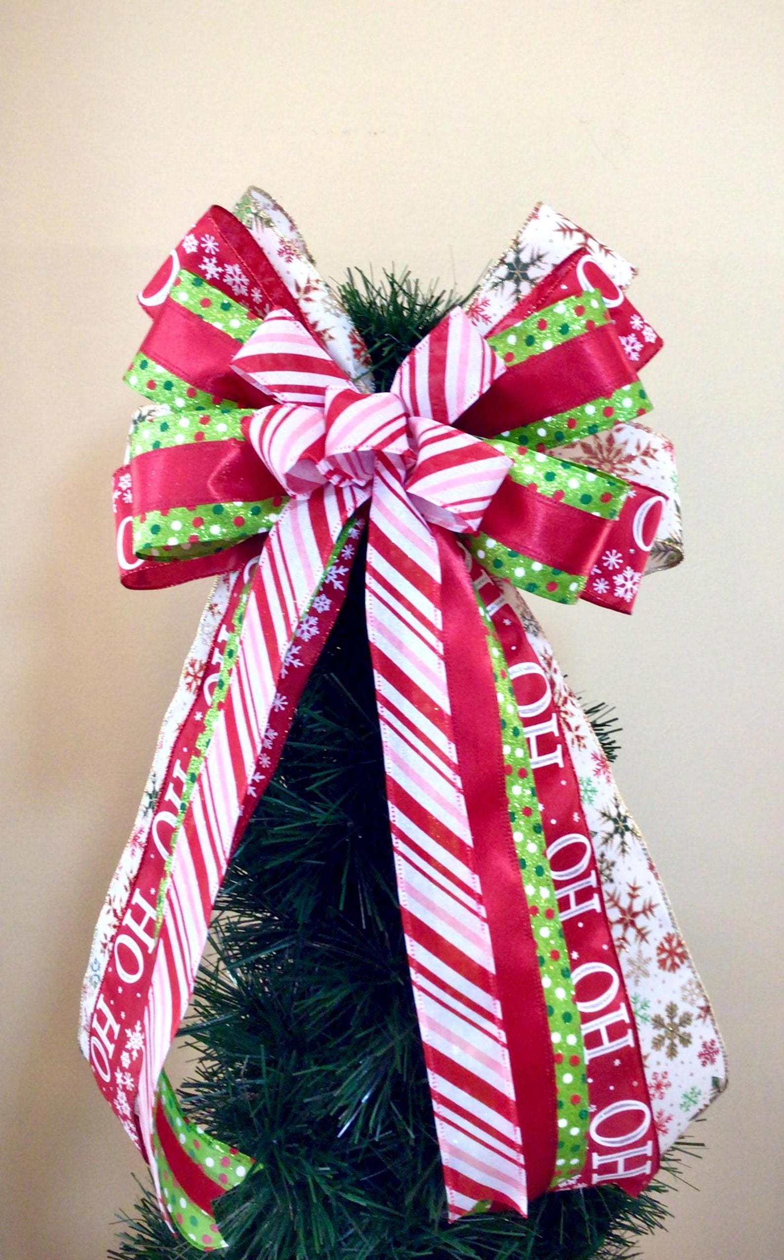 Red and Lime Green Christmas Tree Topper Bow: Candy Cane & Snowflake ...