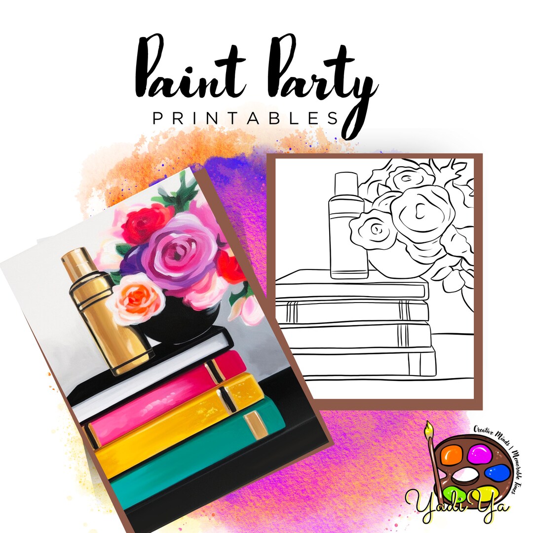 Books & Flowers Paint Party Outline | DIY Canvas Printable (digital ...