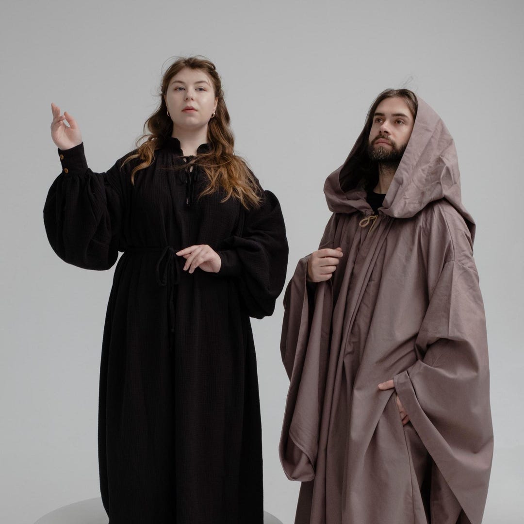 Set Gray Cappuccino Cloak and Black Tunic – Hooded Mage Outfit, Unisex ...
