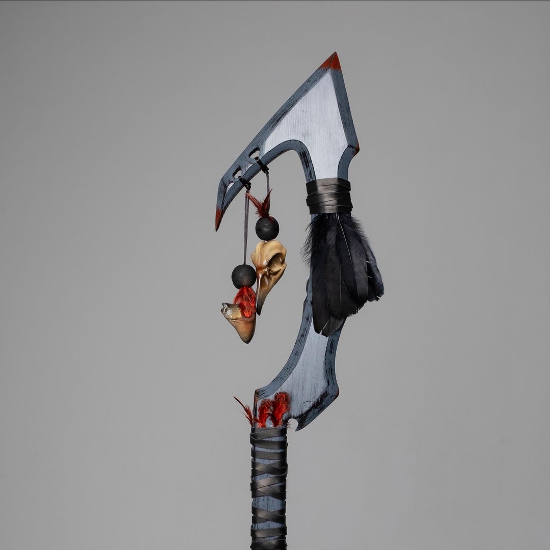 Shaman Staff – Dark Fantasy Cosplay Fantasy Prop With Feathers, Skulls ...