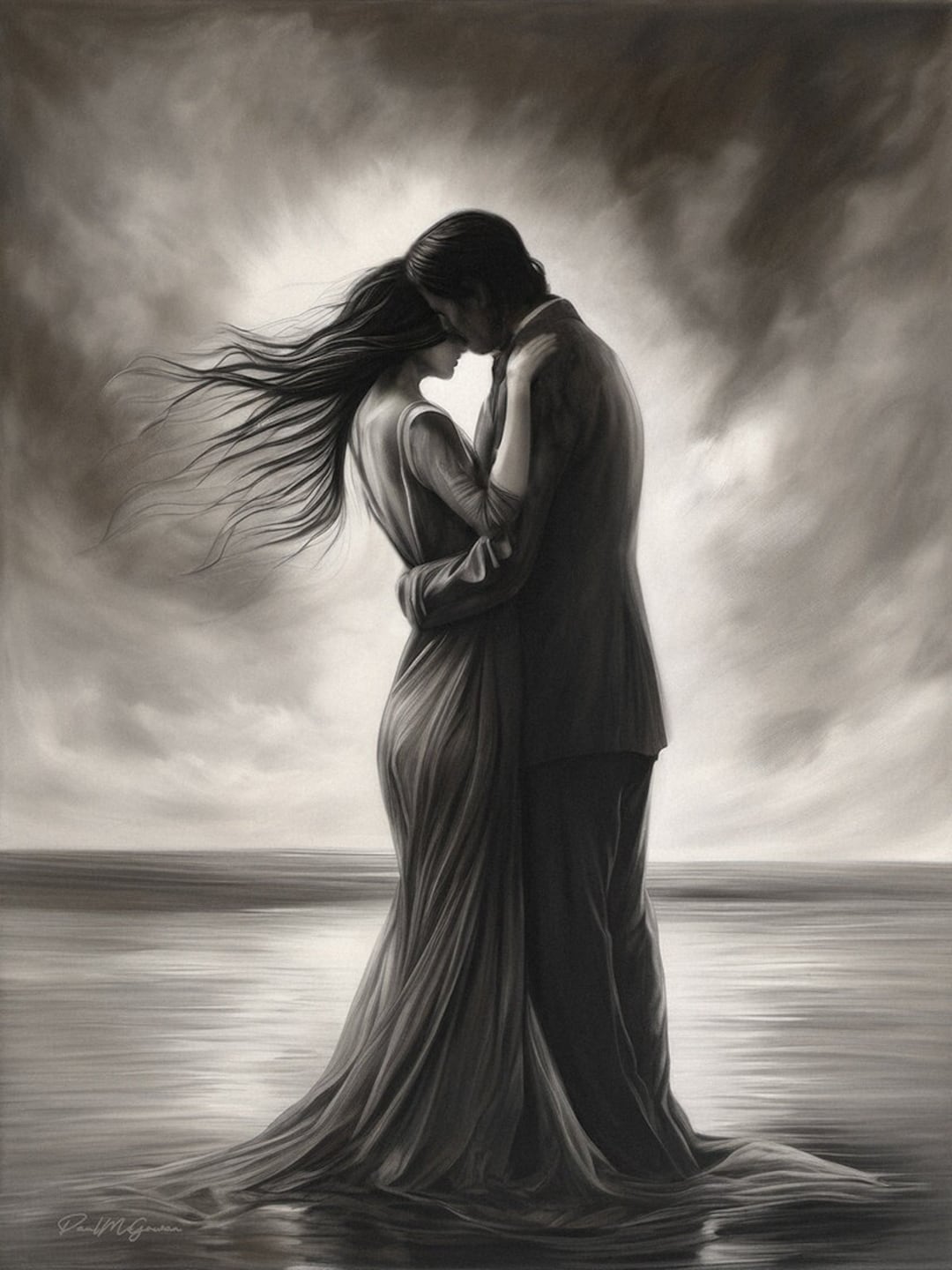 Eternal Love Romantic Wall Art Beach Seascape Couple in Love Black and ...