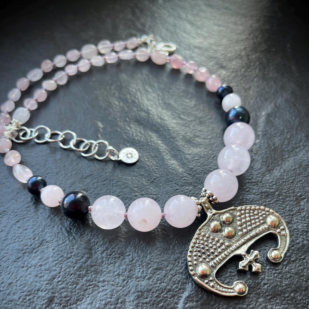 Slavic Lunula Necklace With Rose Quartz and Black Pearls. Medieval ...