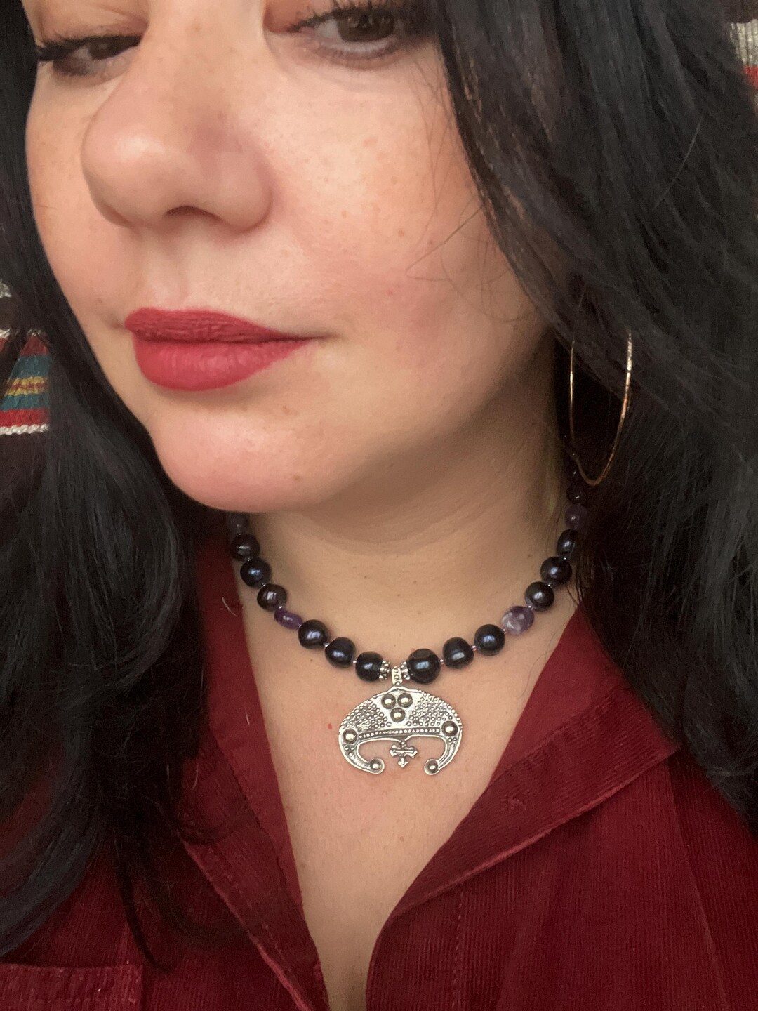 Slavic Lunula Necklace With Amethyst and Black Pearls. Medieval Jewelry ...