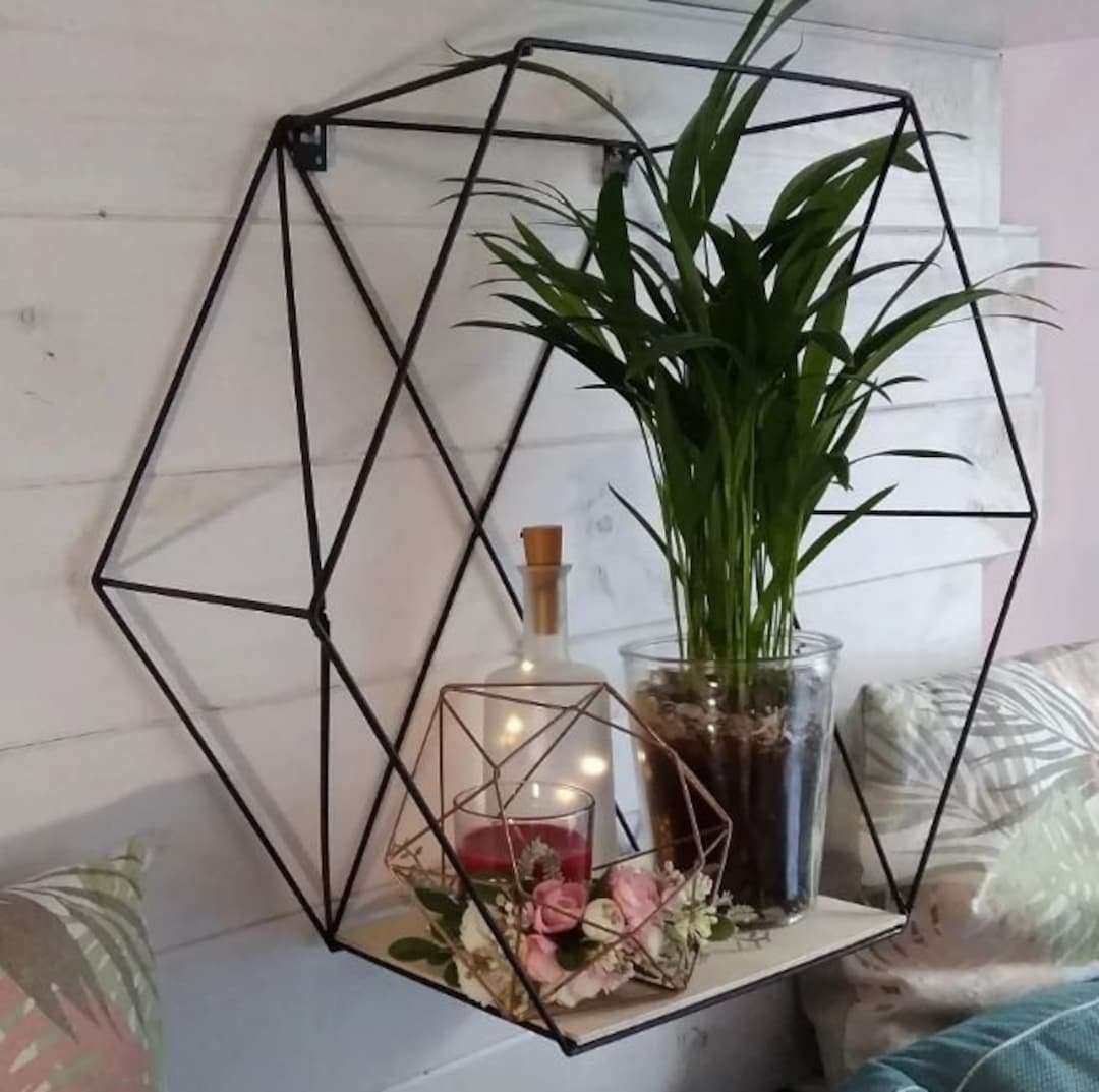 Geometric Floating Metal Wire Shelf HEXAGON Shaped Industrial Vintage ...