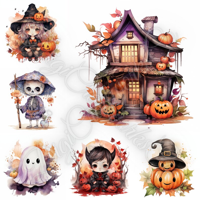 Watercolor Cute Halloween Clipart Png Ghost, Vampire, Bat, Witch ...