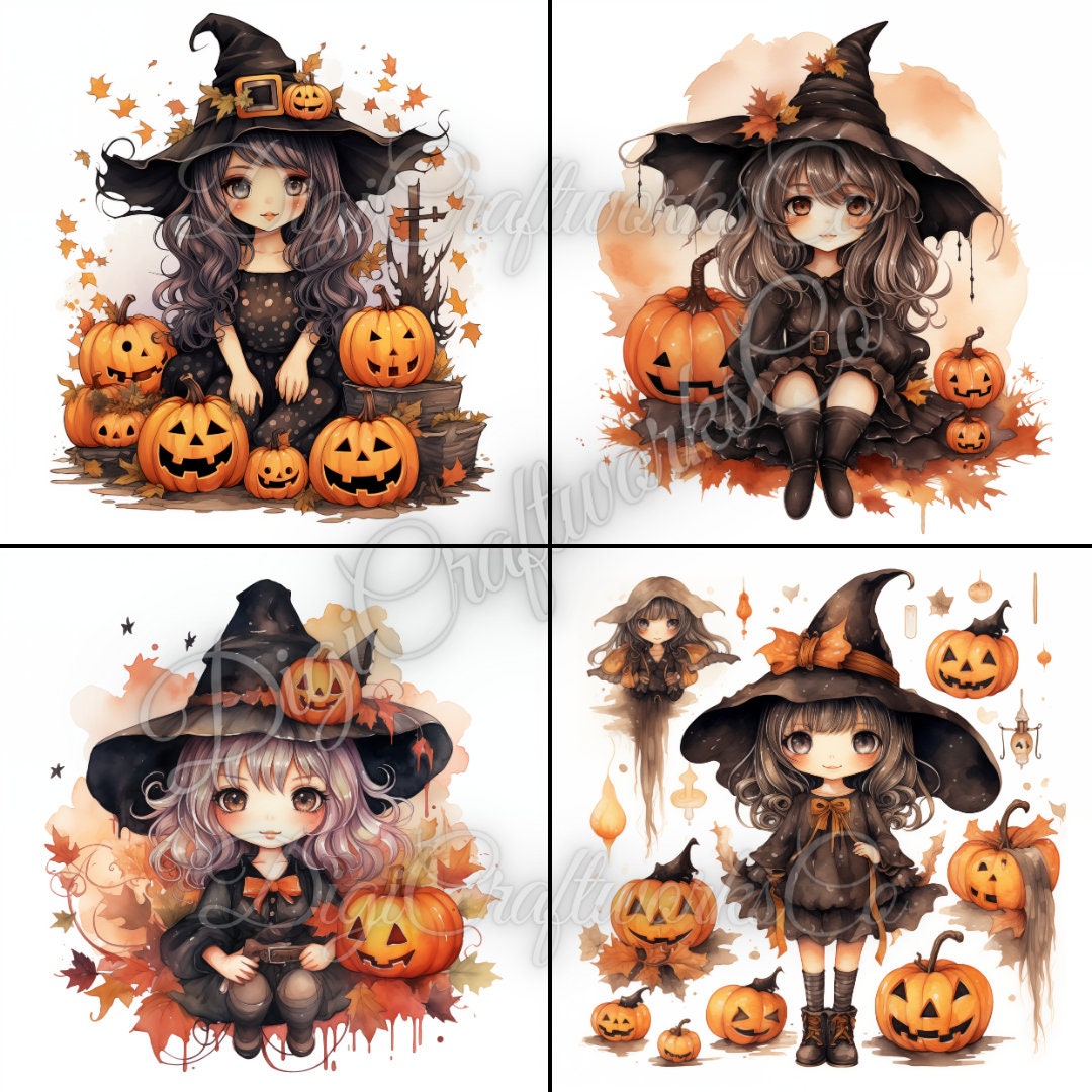 Watercolor Cute Halloween Clipart Png Ghost, Vampire, Bat, Witch ...