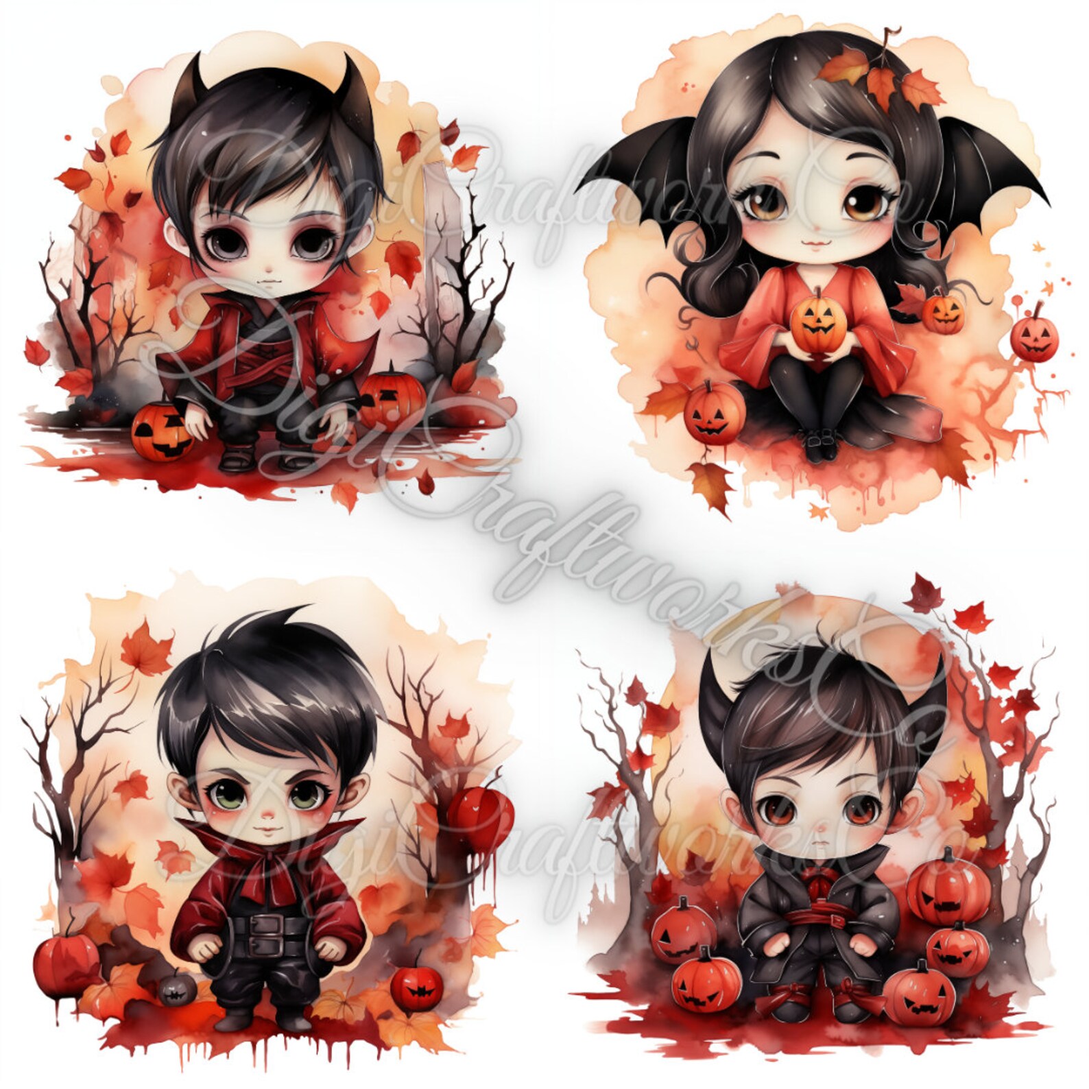 Watercolor Cute Halloween Clipart Png Ghost, Vampire, Bat, Witch ...