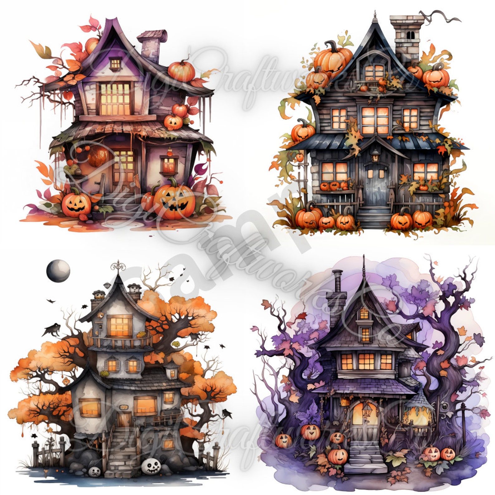 Watercolor Cute Halloween Clipart Png Ghost, Vampire, Bat, Witch ...