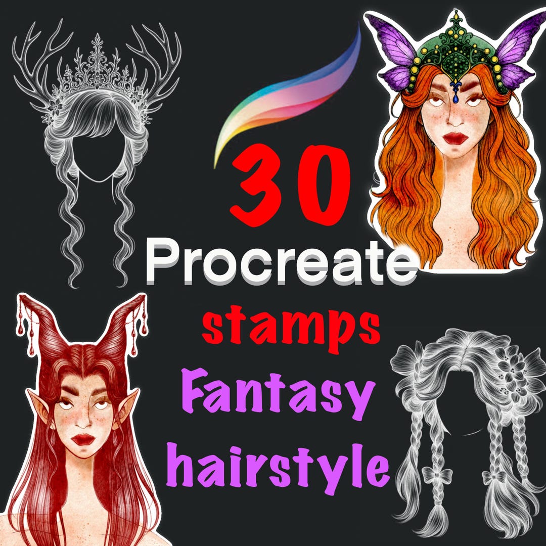30 Fantasy Hairstyles Procreate Stamps Hair Brushes Character Fairytale ...