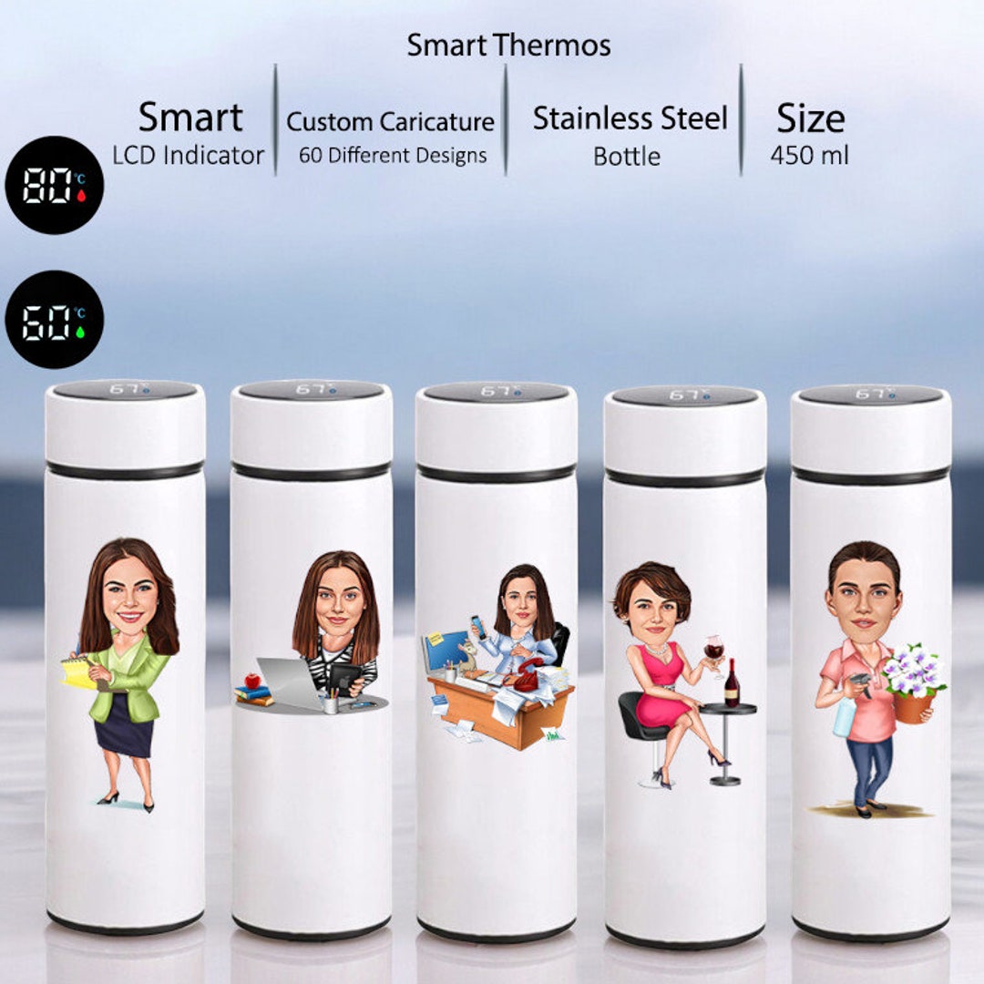 Custom Caricature Printed Smart Thermos for Women, Personalized ...