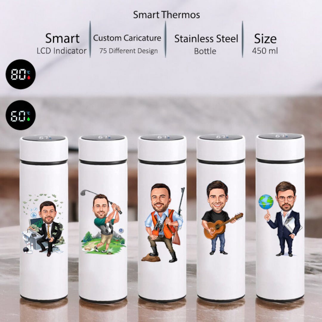 Custom Caricature Printed Smart Thermos for Men, Personalized Tumblers ...
