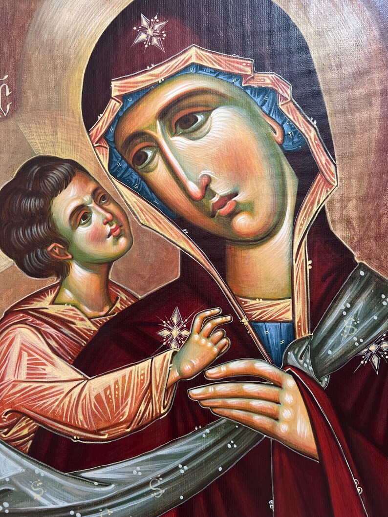 Icono de la Virgen María y el Niño Jesús. La obra está pintada sobre ...
