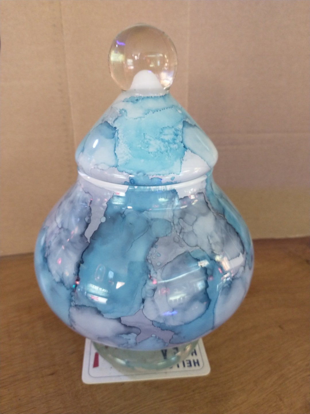 Beautiful Aqua Blue Ink Blot Jar Unique Tie Dye Art Glass Excellent ...