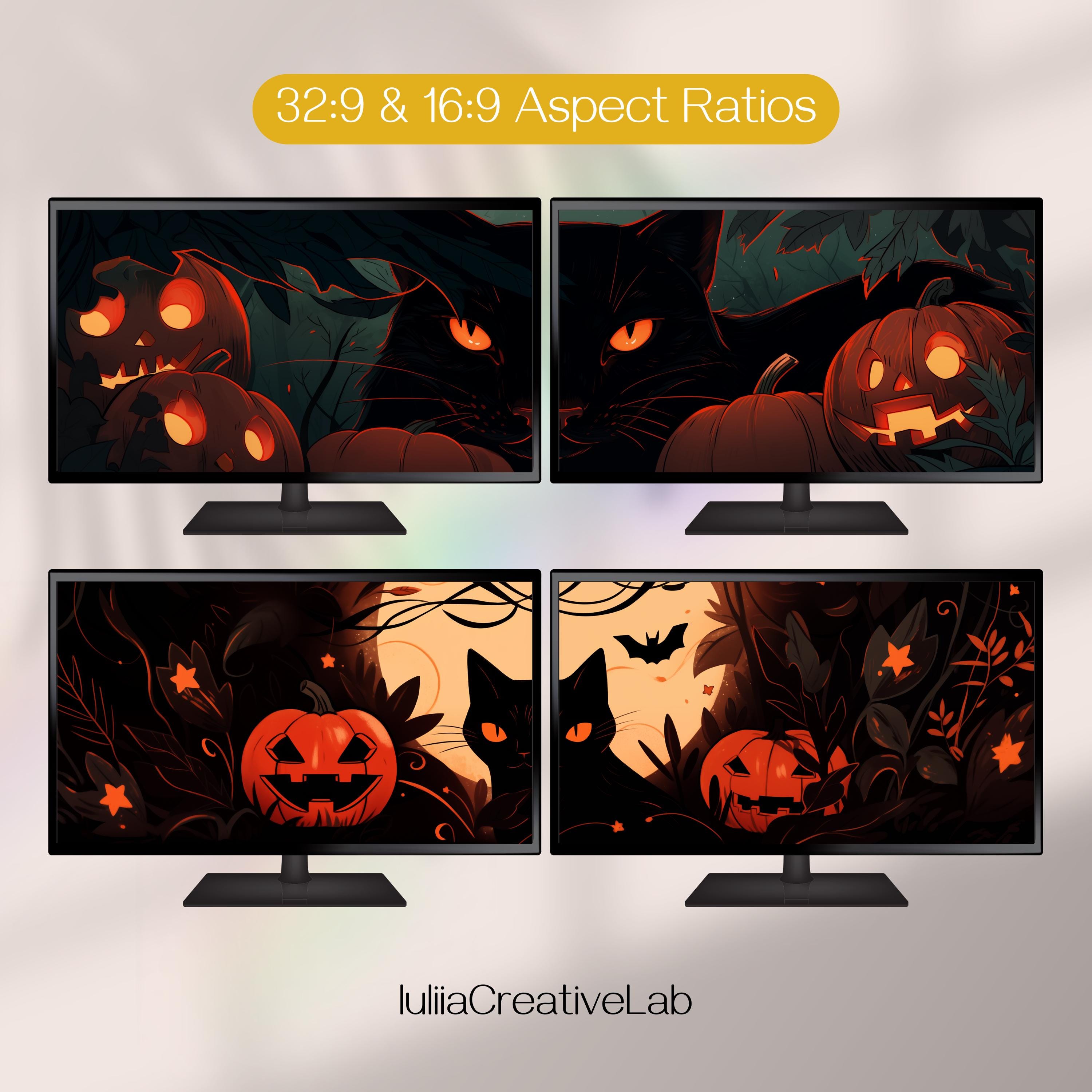 Halloween Dual Monitor Wallpaper, Autumn Black Cat, Pumpkins ...