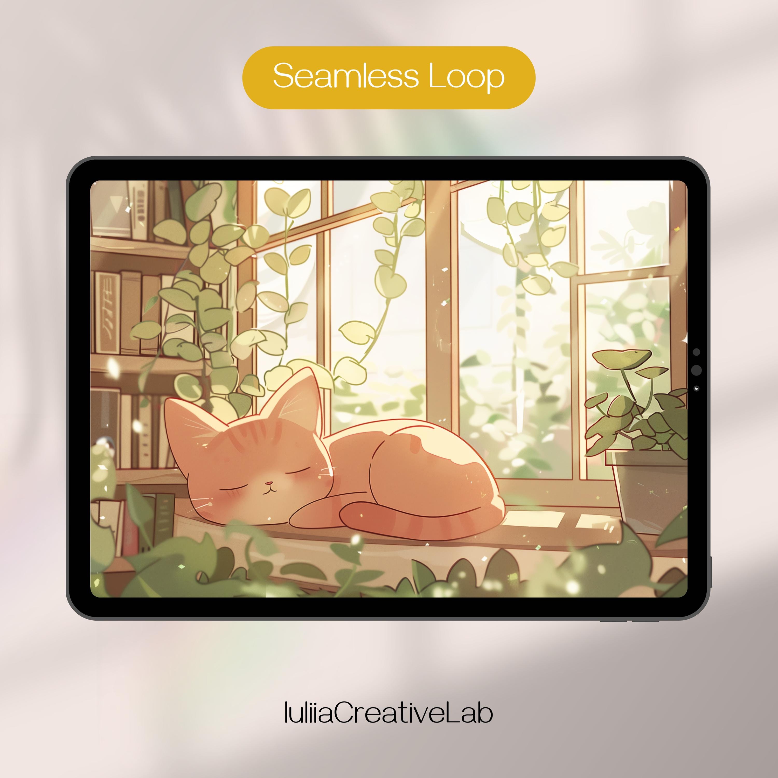 Cute Cat Motion Background Animated, Library With Plants PC Moving ...