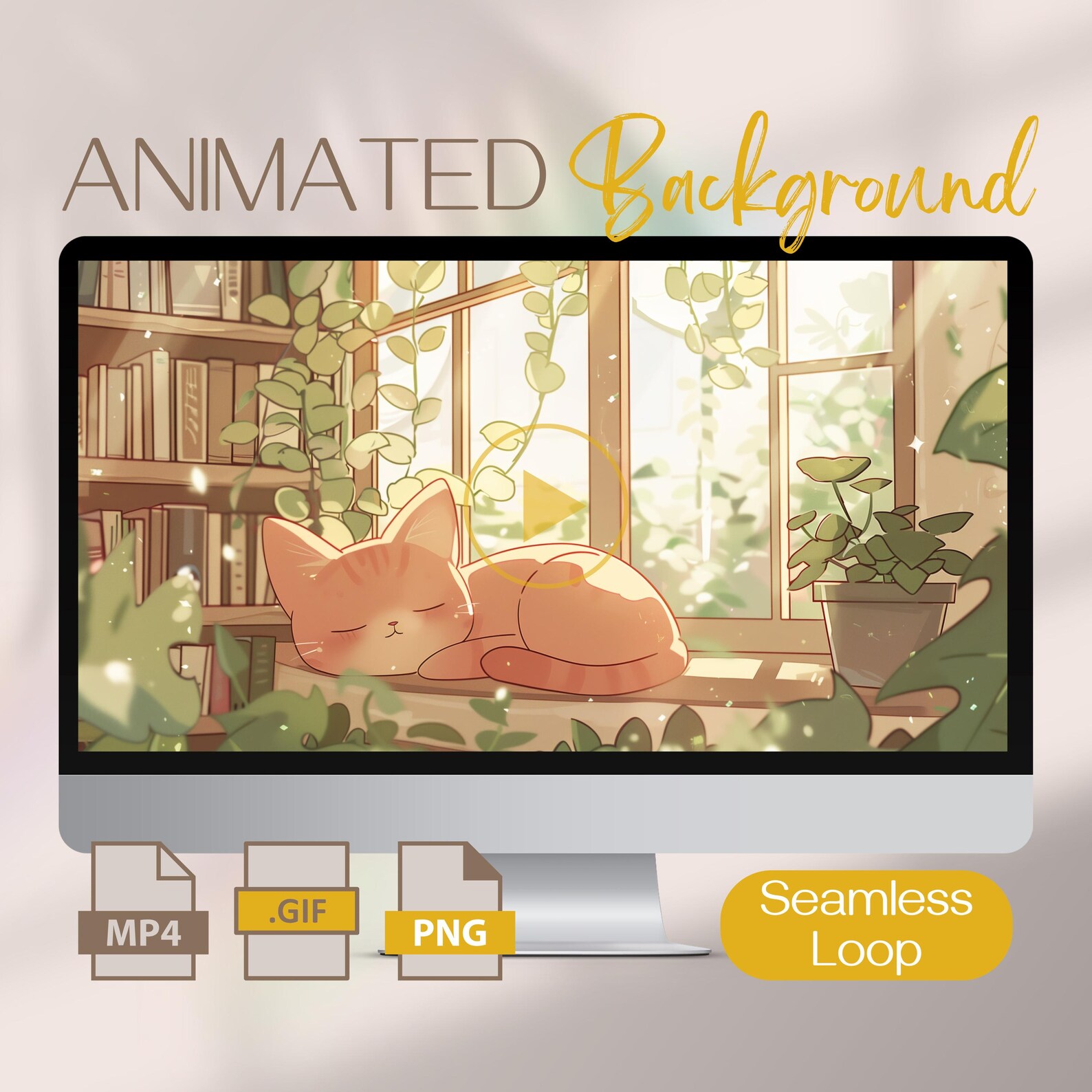 Cute Cat Motion Background Animated, Library With Plants PC Moving ...