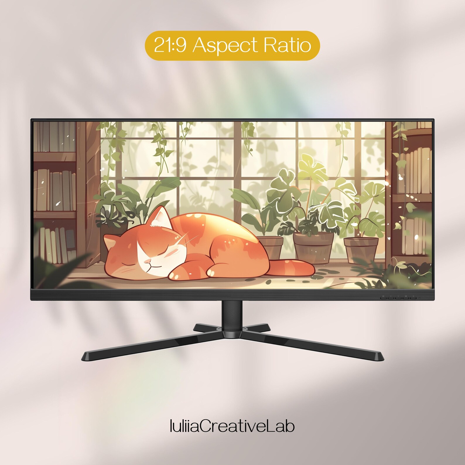 Cute Red Cat Among Books and Plants Ultrawide Wallpapers, Adorable High ...
