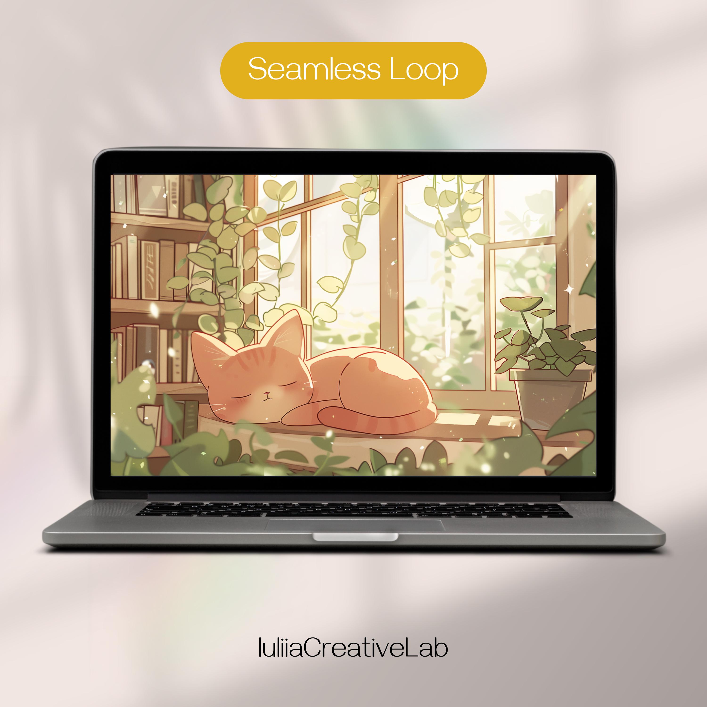 Cute Cat Motion Background Animated, Library With Plants PC Moving ...