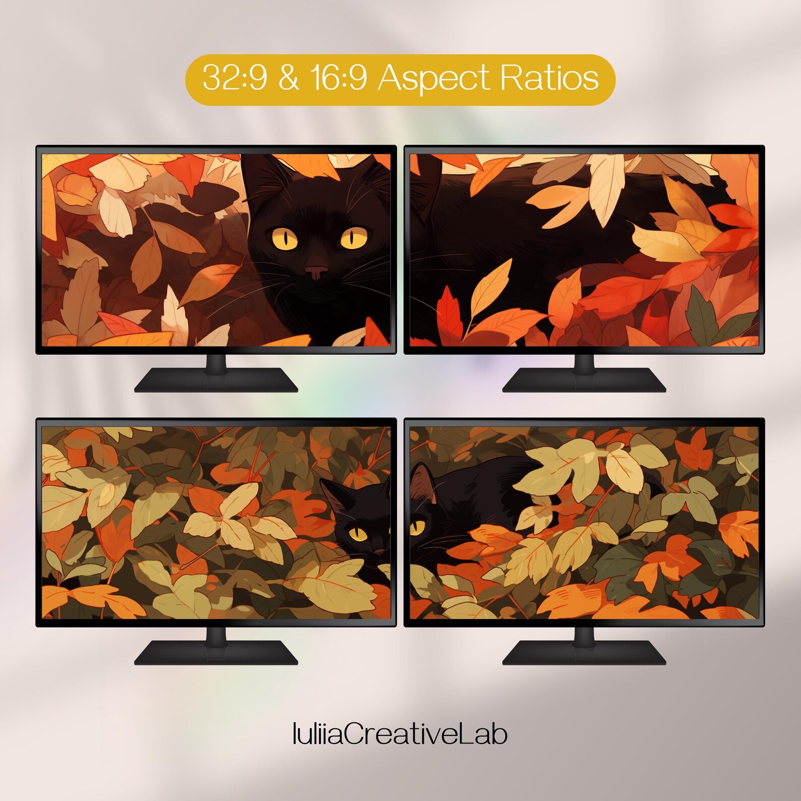 Fall Dual Monitor Backgrounds, Cute Black Cat & Autumn Leaves Aesthetic ...