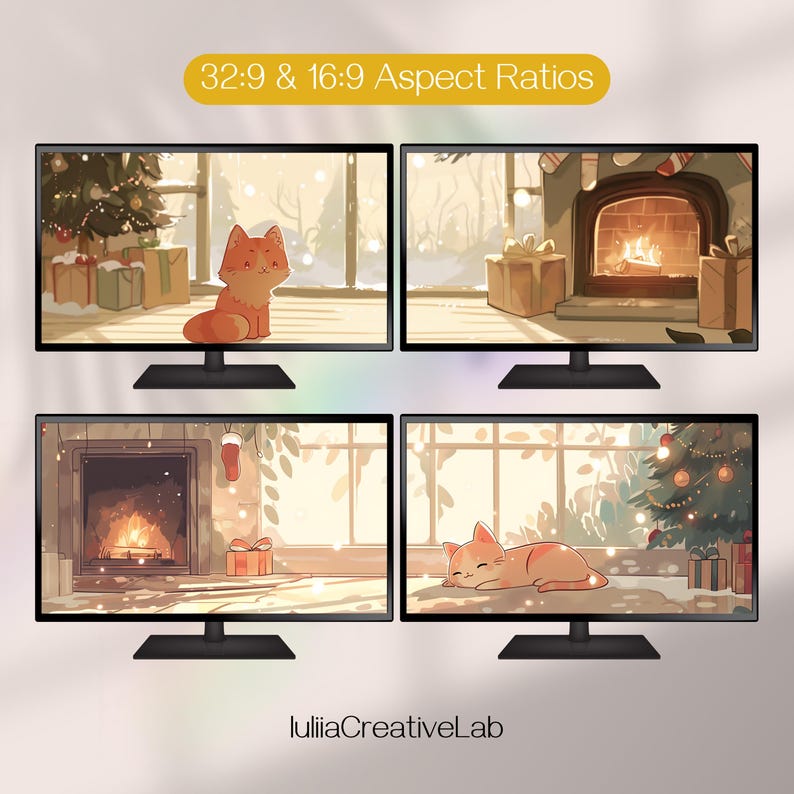 Kawaii Red Cat Christmas Wallpapers, Cozy Xmas Dual Monitor Backgrounds ...