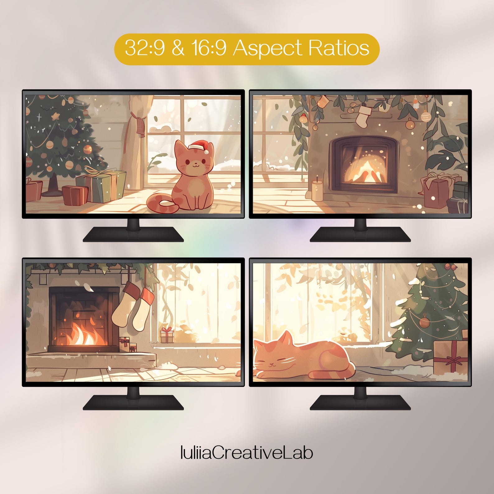 Kawaii Red Cat Christmas Wallpapers, Cozy Xmas Dual Monitor Backgrounds ...