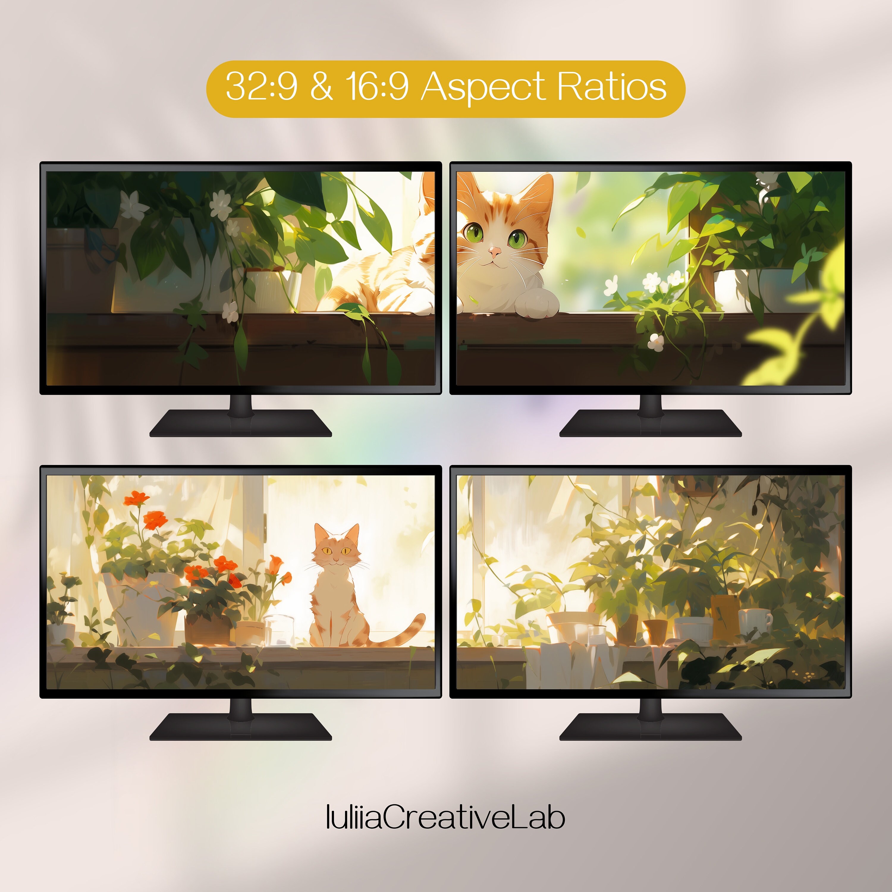 Dual Monitor HD Wallpaper, Cat and Plants Desktop Background, High ...