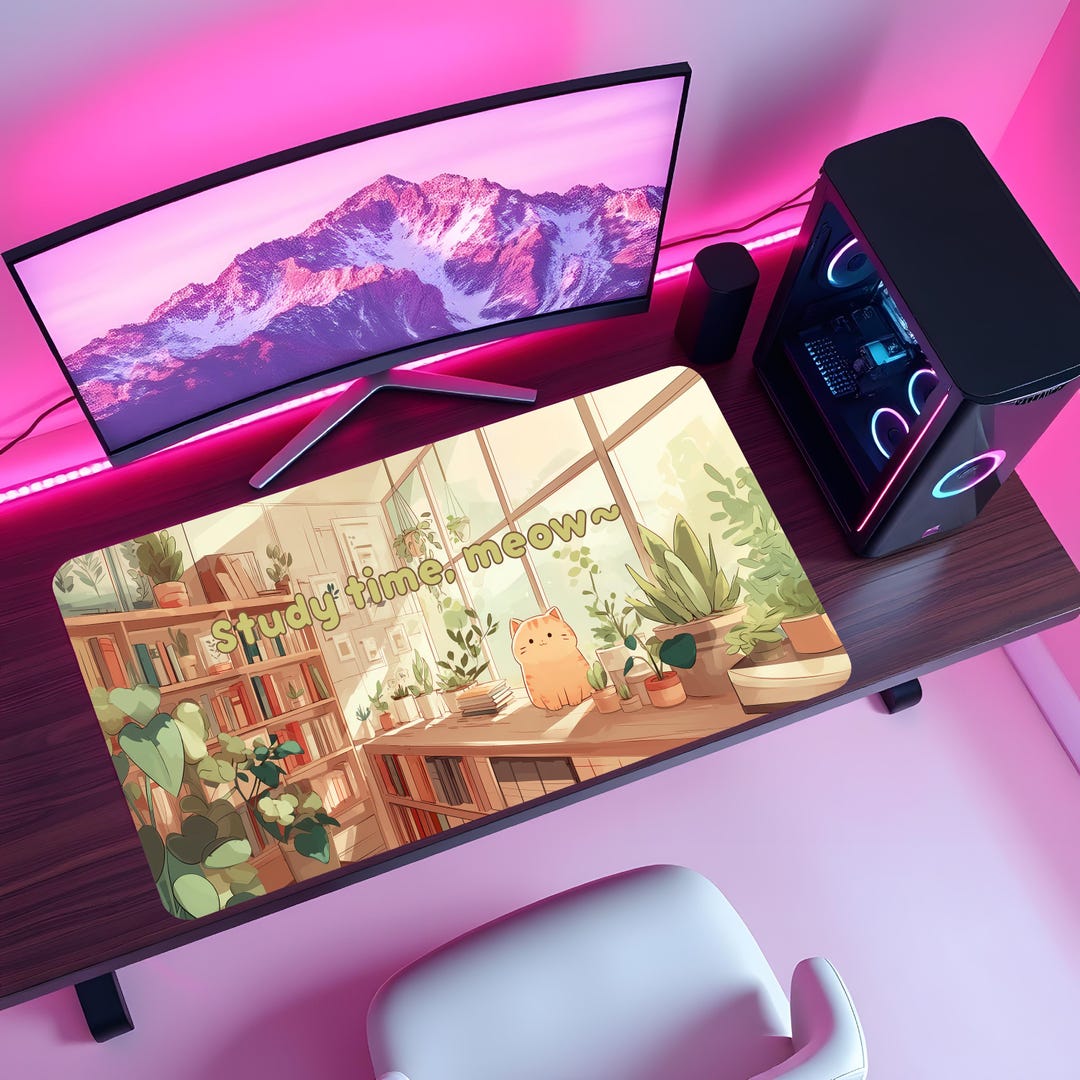 Kawaii Cat Desk Mat With Books and Plants, Cozy Aesthetic Workspace ...