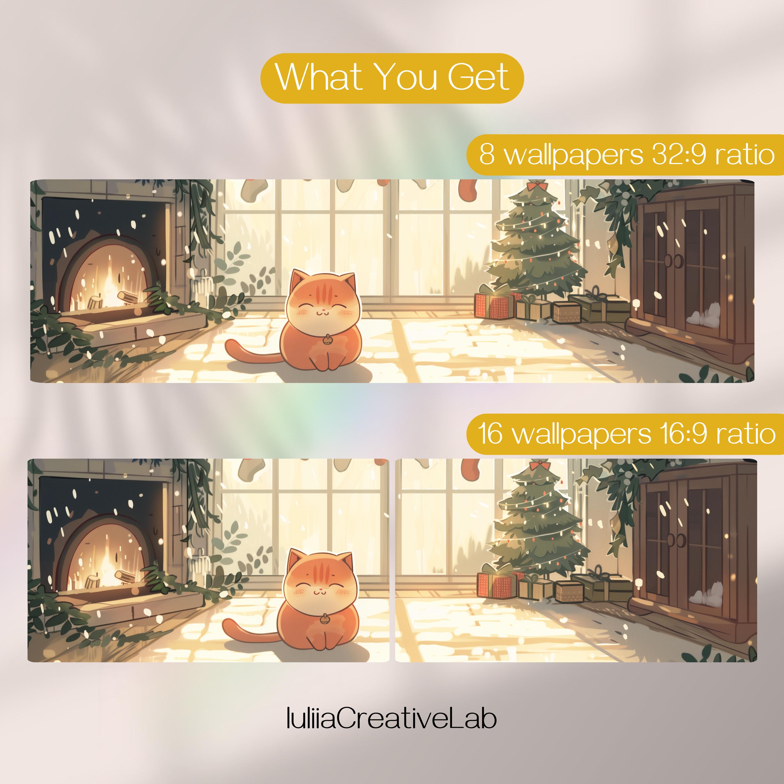 Kawaii Red Cat Christmas Wallpapers, Cozy Xmas Dual Monitor Backgrounds ...