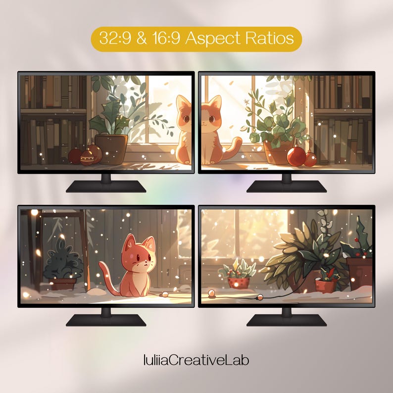 Festive Dual Screen Christmas Wallpaper With Cute Red Cat, 4K Aesthetic ...