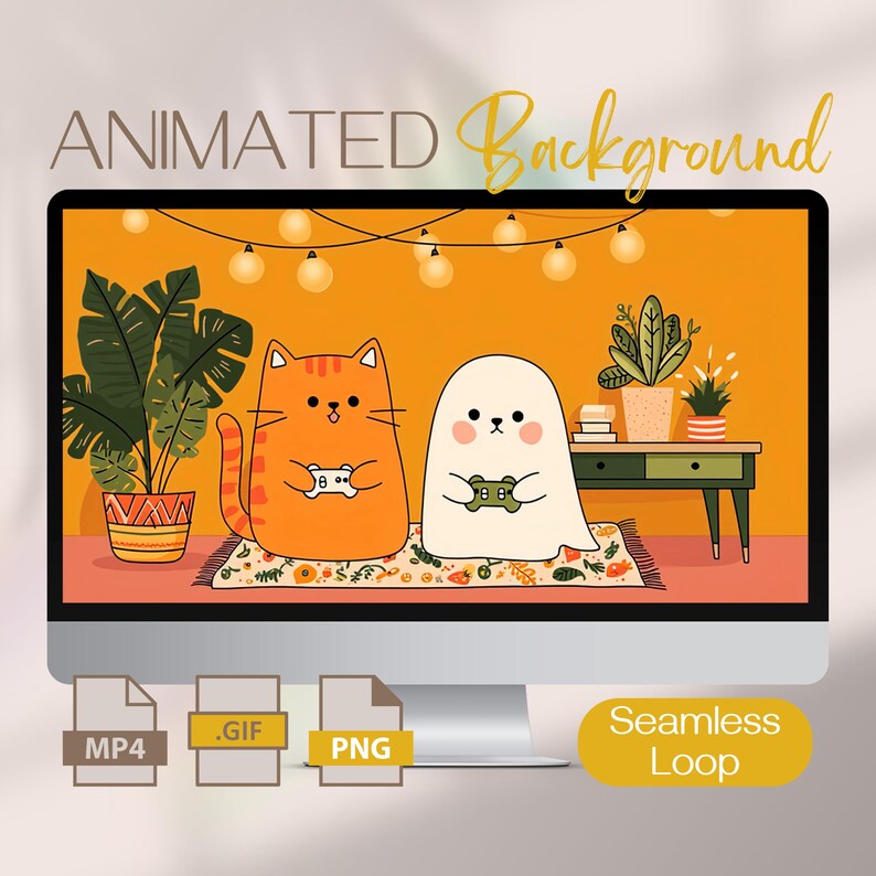 Cozy Gaming Animated Wallpaper – Kawaii Cat and Ghost Desktop ...