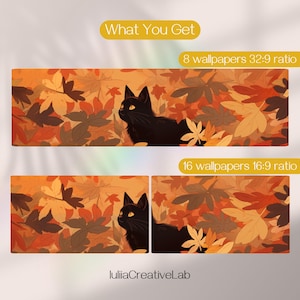 Fall Dual Monitor Backgrounds, Cute Black Cat & Autumn Leaves Aesthetic ...
