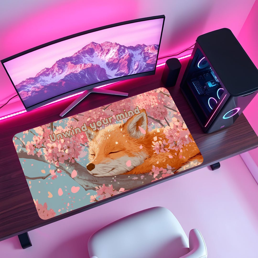Personalized Kawaii Fox Desk Mat, Sakura Mouse Pad With Custom Text ...