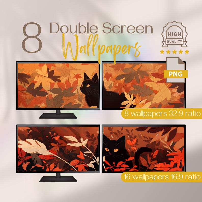Fall Dual Monitor Backgrounds, Cute Black Cat & Autumn Leaves Aesthetic ...