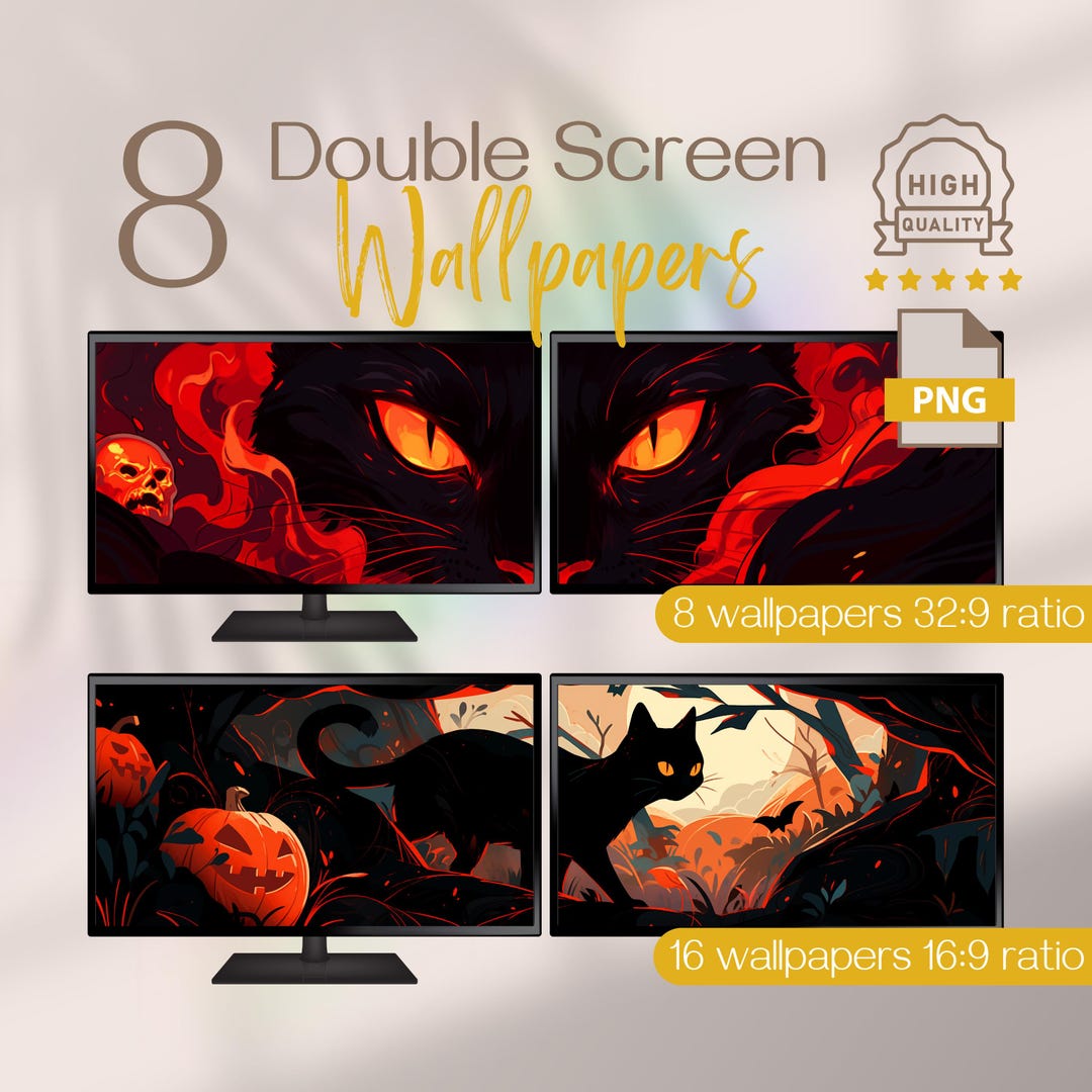 Halloween Dual Monitor Wallpaper, Autumn Black Cat, Pumpkins ...