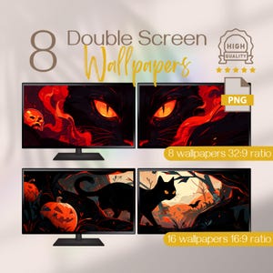 Halloween Dual Monitor Wallpaper, Autumn Black Cat, Pumpkins ...