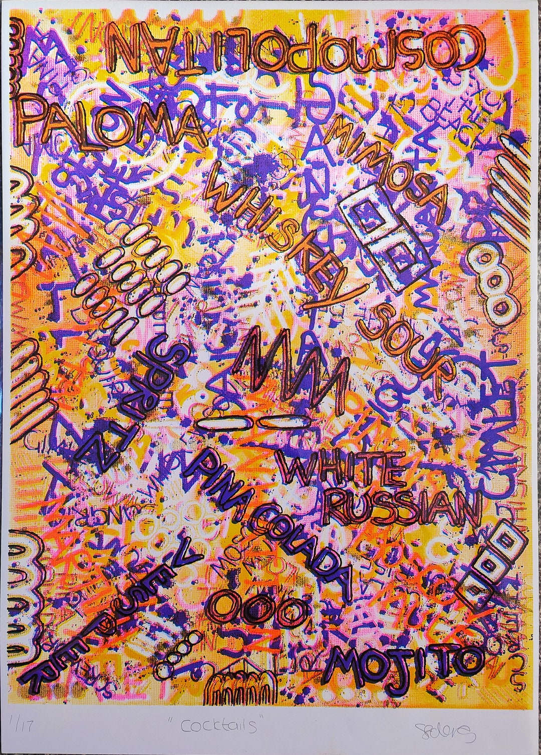 Cocktails - Bright Colorful A3 Riso Print, Unique Quirky Graffiti Word ...