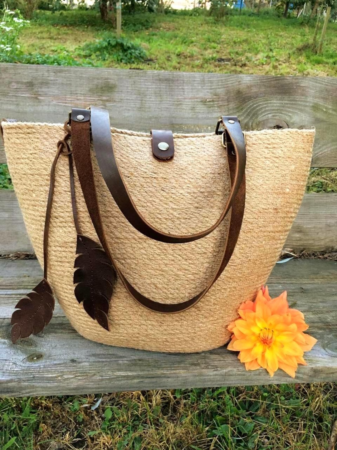 Cozy Jute Bag With Leather Handles for Women, Burlap Jute Totes for ...