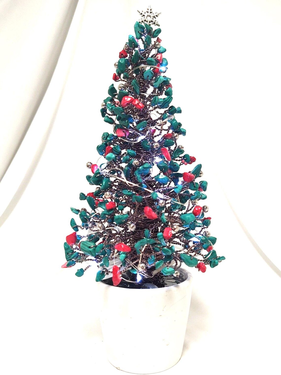 Table Top Christmas Tree Wired With Green and Red Stones and Silver Beads Lighted - Etsy