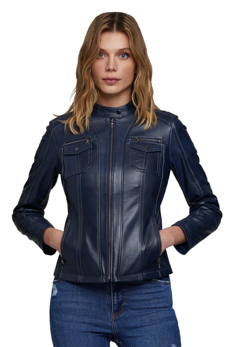 Women Navy Blue Cafe Racer Jacket Handmade Biker Style Genuine Leather ...