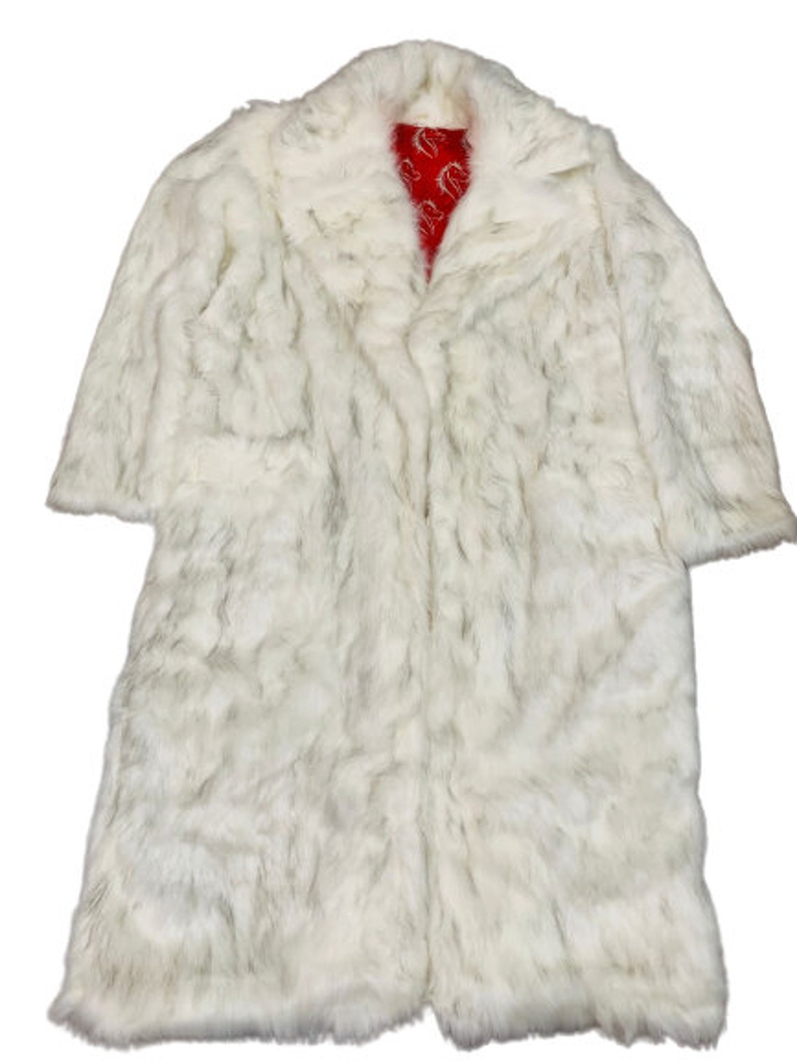 Mens White Faux Fur Trench Coat Handmade White Fur Coat Stylish Red Horse Printed Lining Faux ...