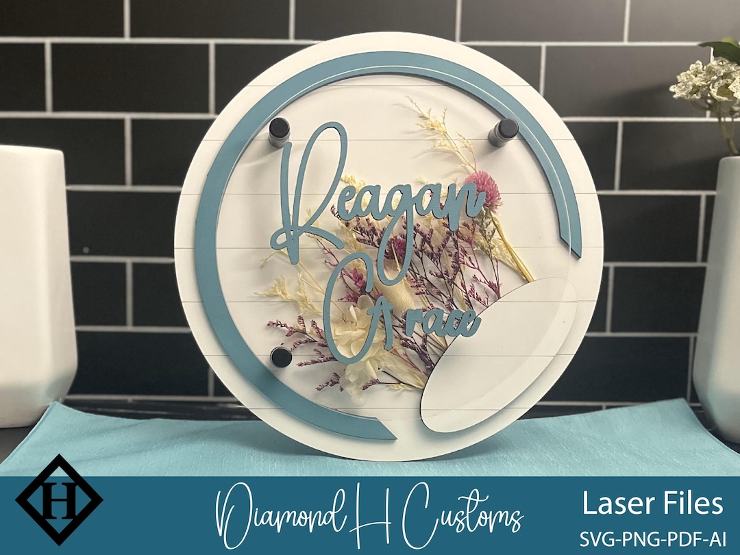 Nursery Wall Decor Round Name Sign Dried Flower Acrylic Front Baby Girl ...