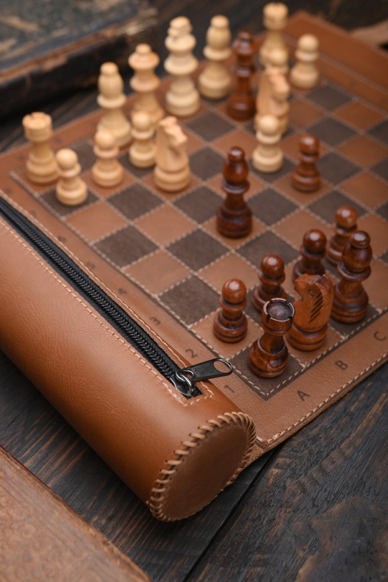 Genuine Leather Chess Roll - Compact Travel Chess Set - Perfect for On ...