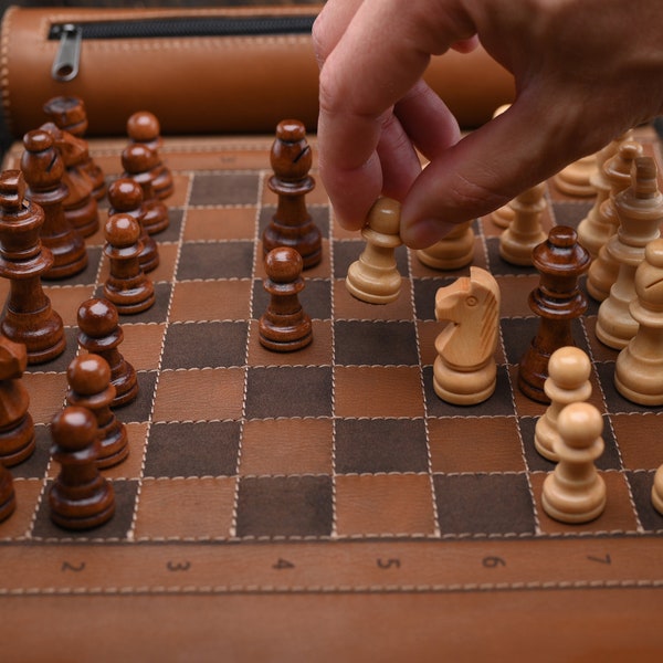 Travel Chess, Chess, Vintage Chess Set, Leather Chess Roll, Wooden ...
