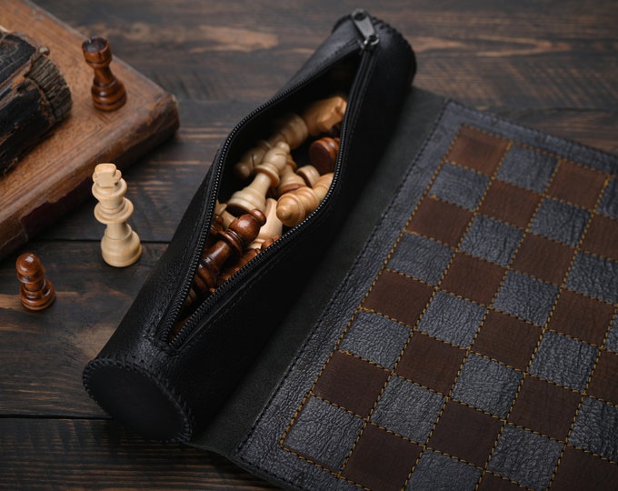 Roll-up Leather Chess Set, Magnetic Chess Board, Engraving Option ...